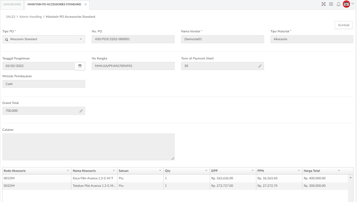 Maintain PO Aksesoris Standard – User Manual TAM Dealer Management System