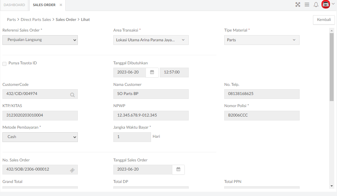 Sales Order – User Manual TAM Dealer Management System