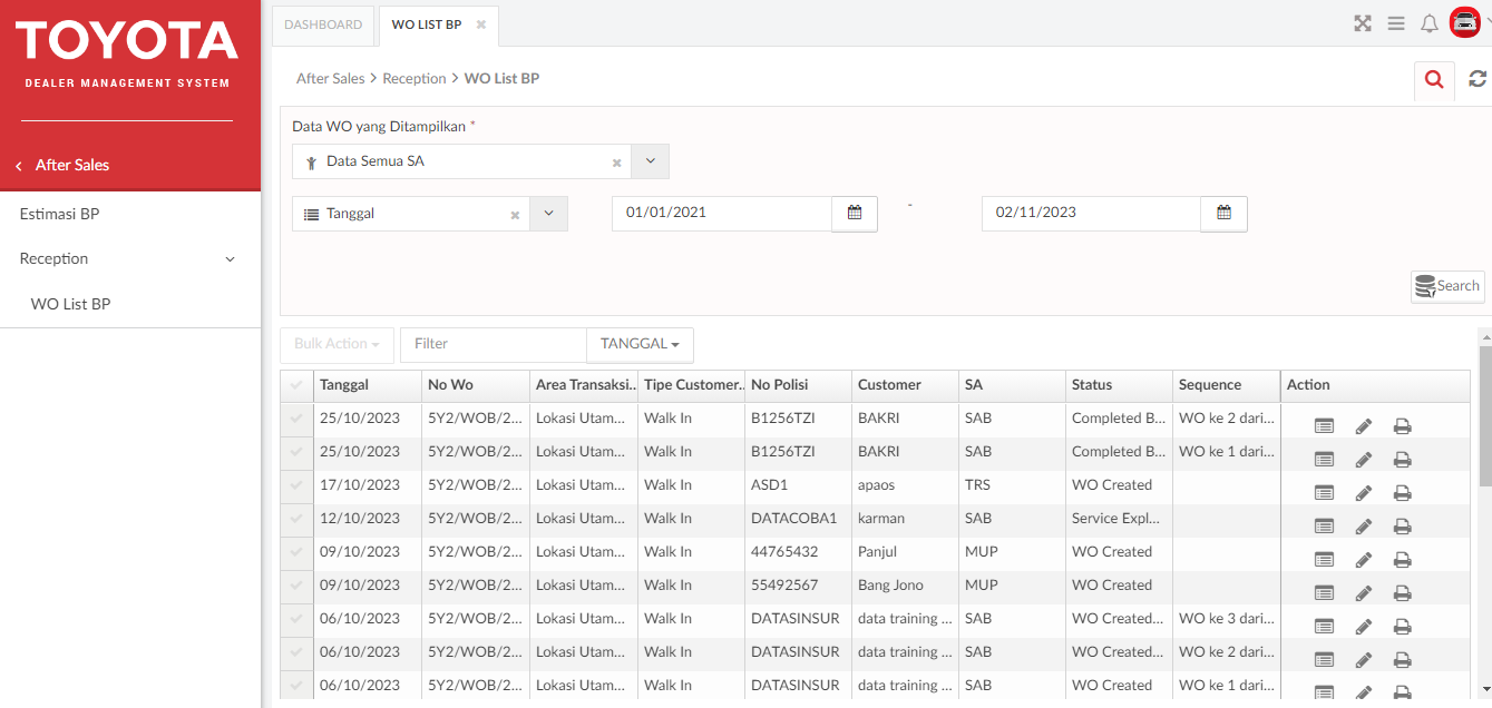 WO List BP – User Manual TAM Dealer Management System