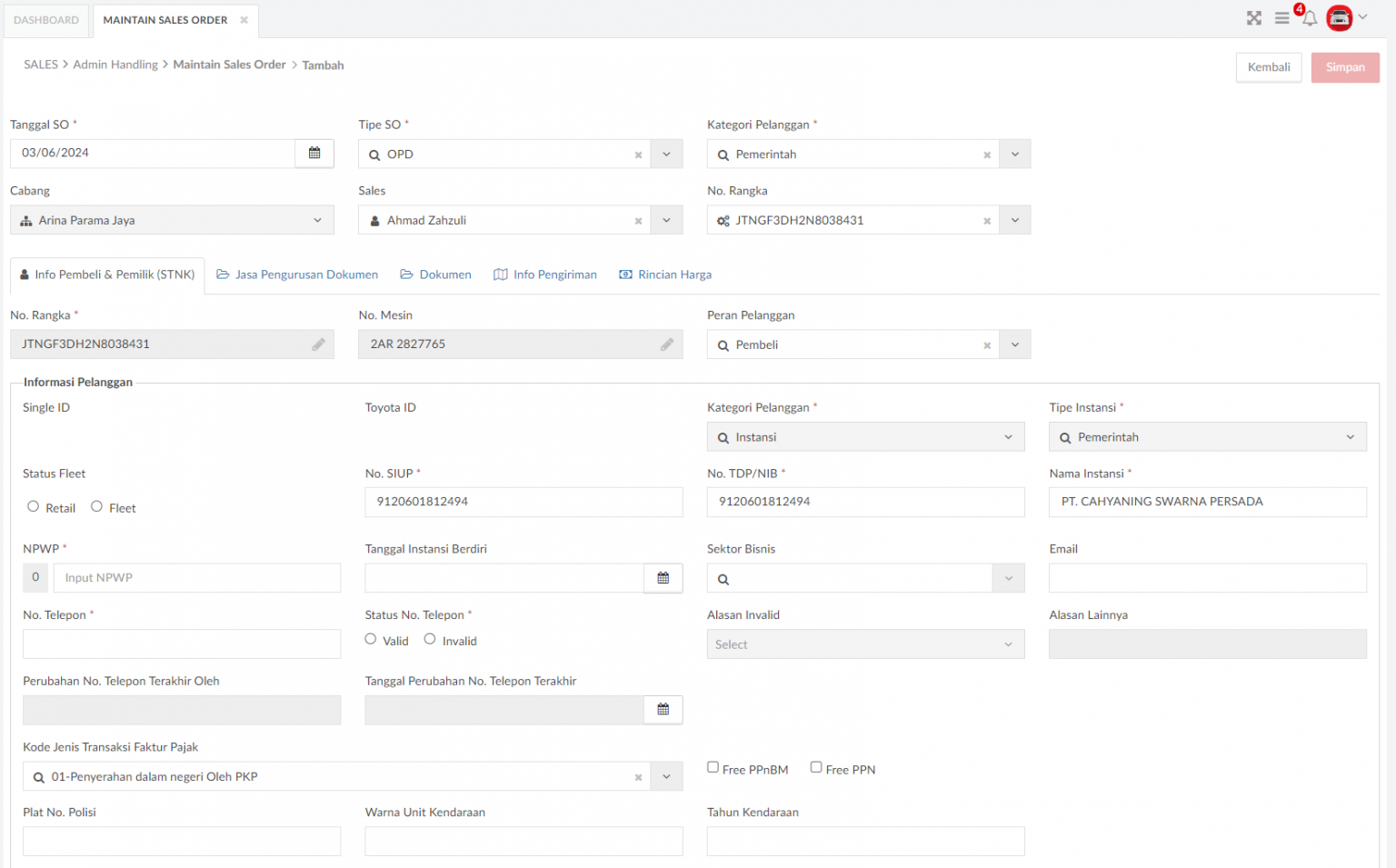 Tambah Sales Order – User Manual TAM Dealer Management System